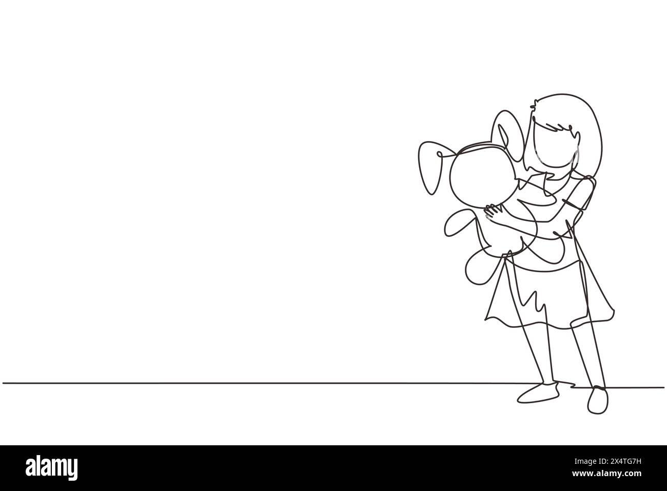 Single continuous line drawing portrait of smiling little girl hugging ...