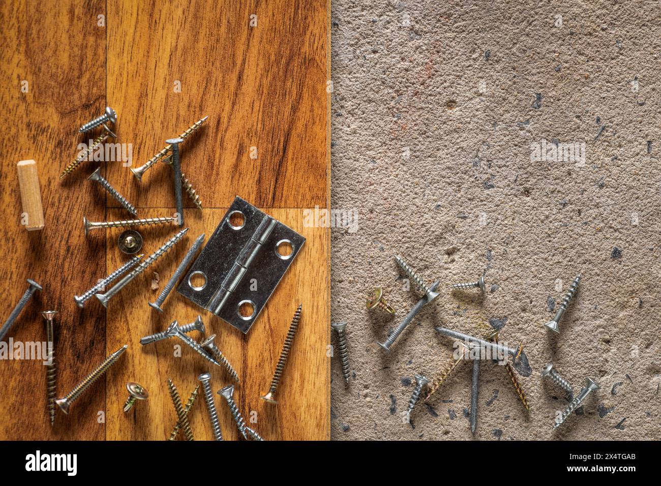 Screw, nail on concrete wood texture background. Closeup of screws and ...