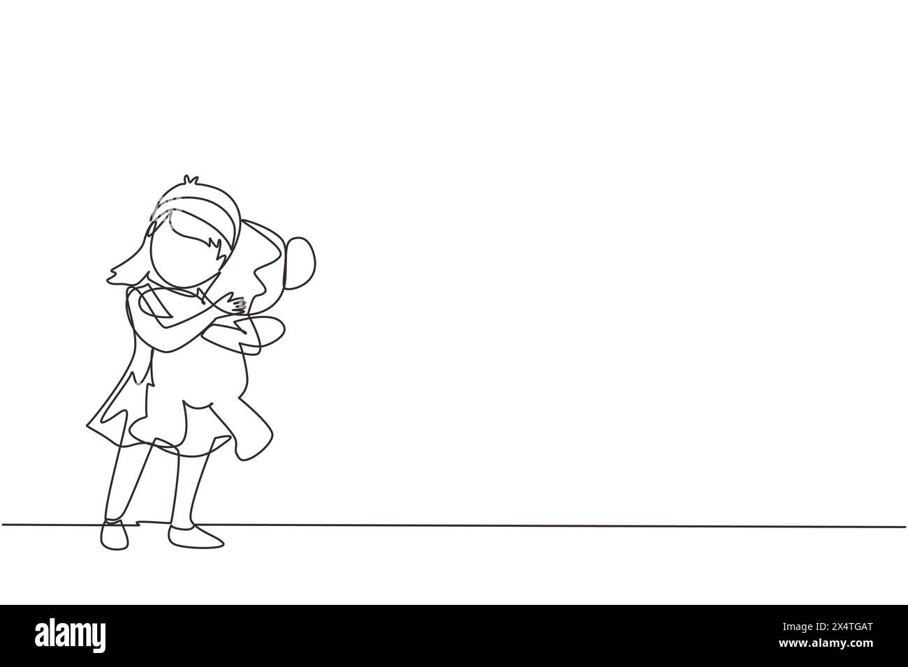Single one line drawing cute little girl standing and hugging teddy ...