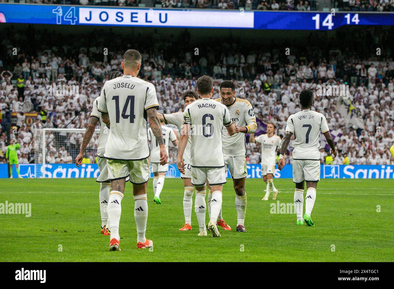 Madrid, Spain. 04th May, 2024. From left to right, Joselu (14), Nacho ...