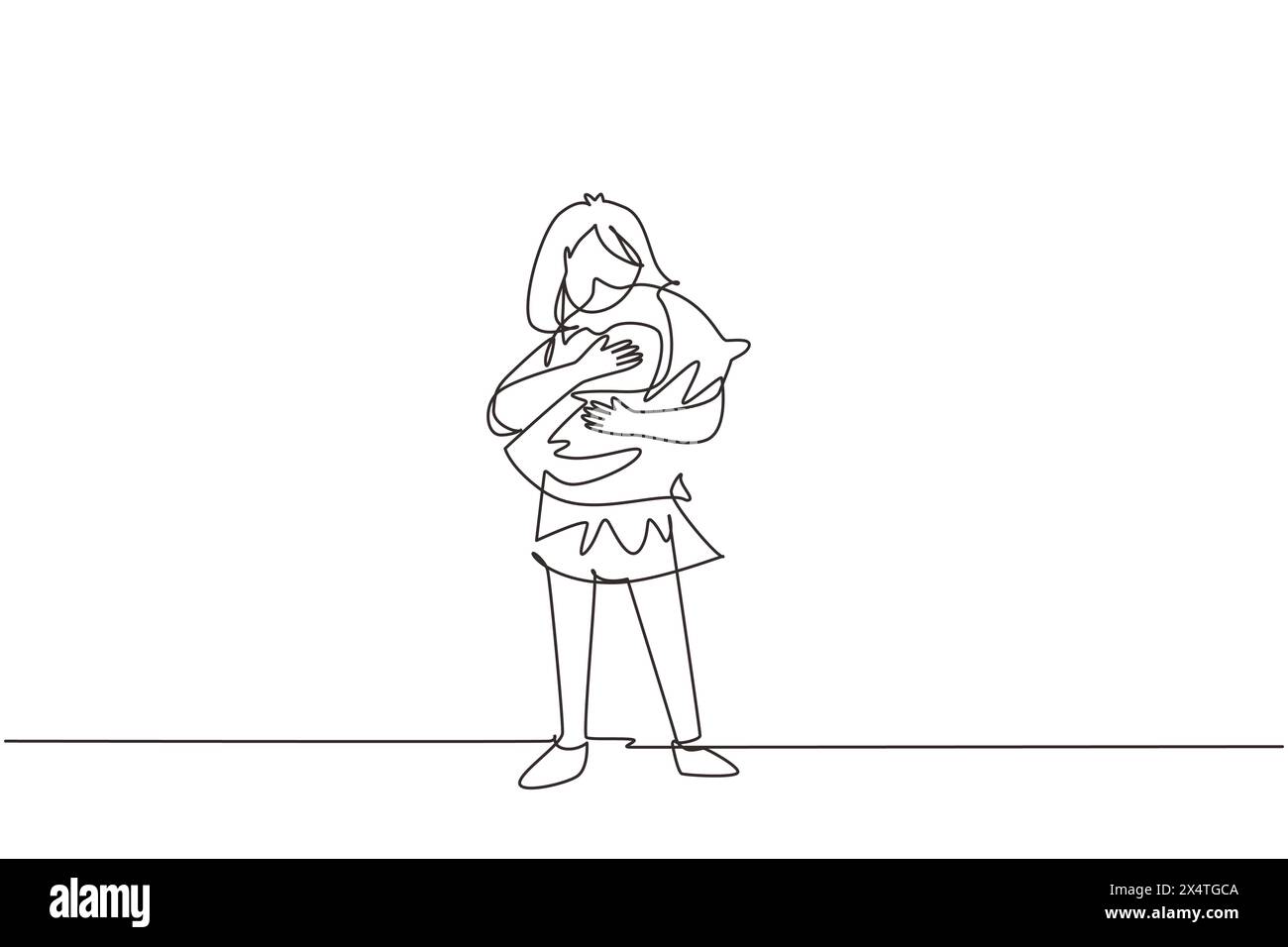 Continuous one line drawing little sleepy kid girl in pajamas standing ...