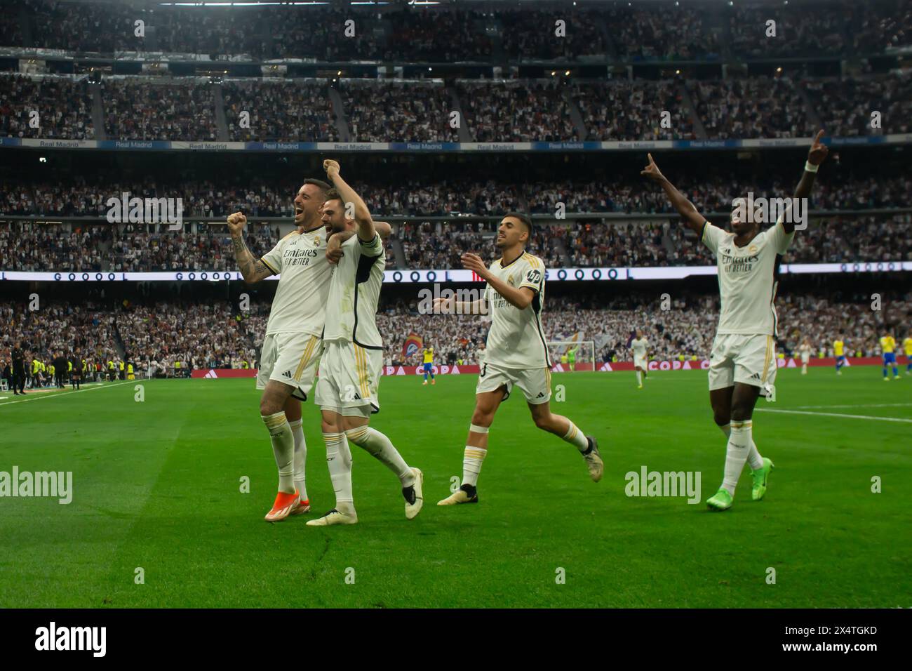 Madrid, Spain. 04th May, 2024. From left to right, Joselu, Nacho, Brahim Díaz and Vinicius Jr ...