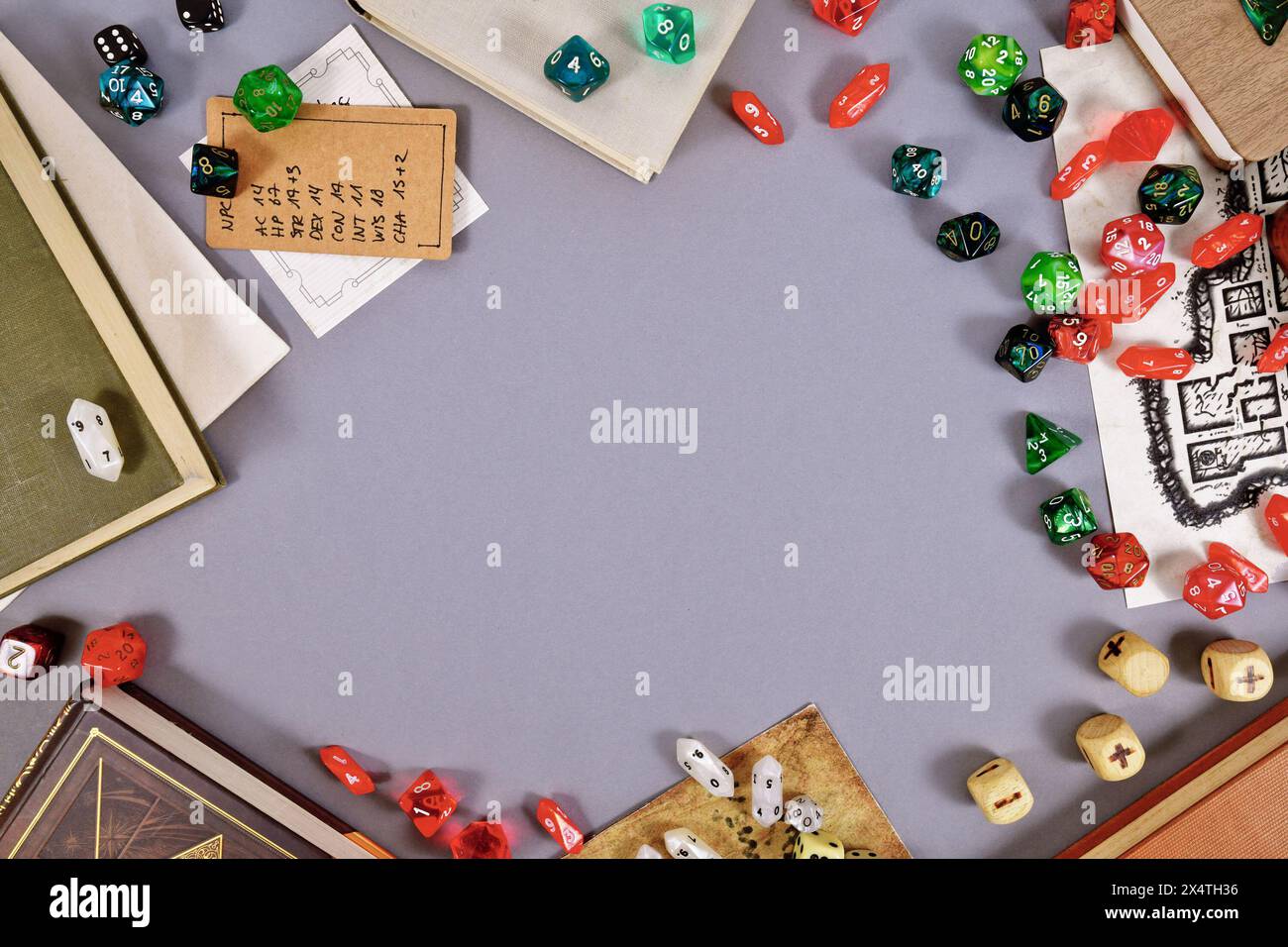 Tabletop role playing flat lay background with RPG dices, rule books ...