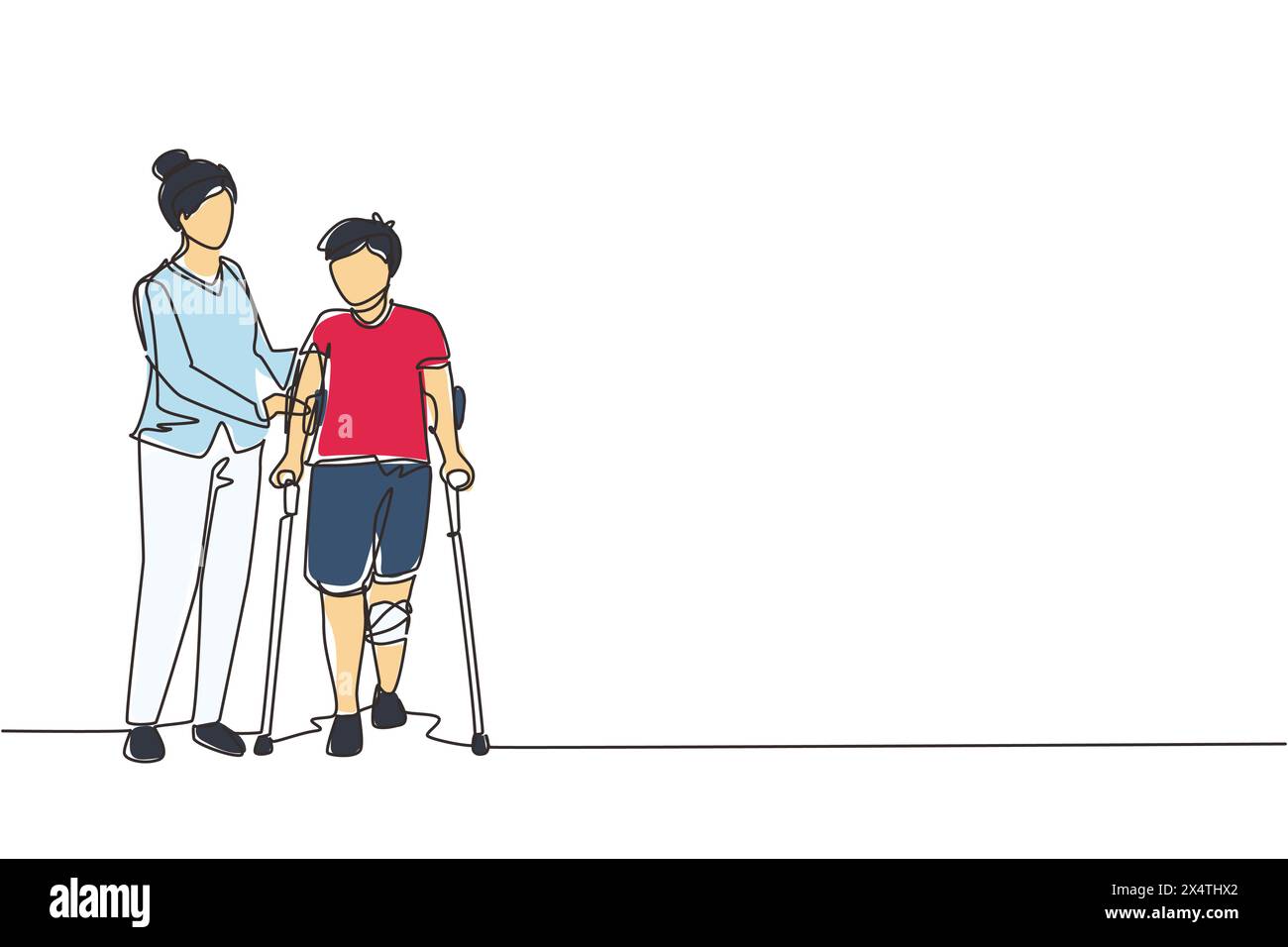 Continuous one line drawing rehabilitation center. Little boy patient ...
