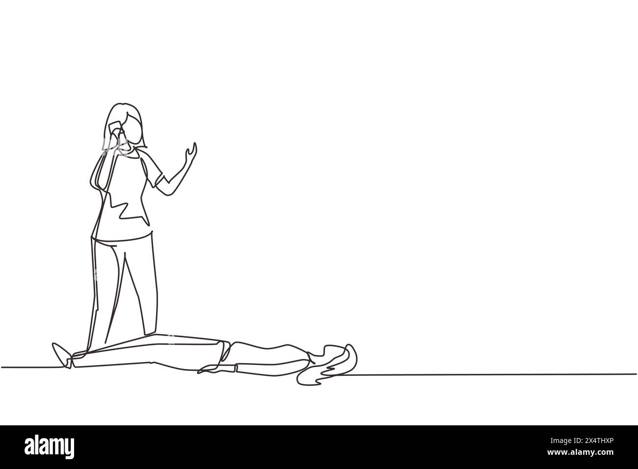 Continuous one line drawing girl calls emergency service by smartphone ...