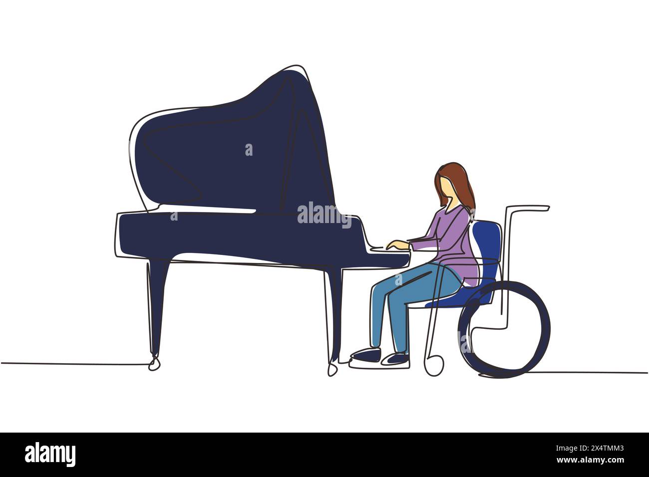 Continuous one line drawing disabled beautiful woman in wheelchair ...
