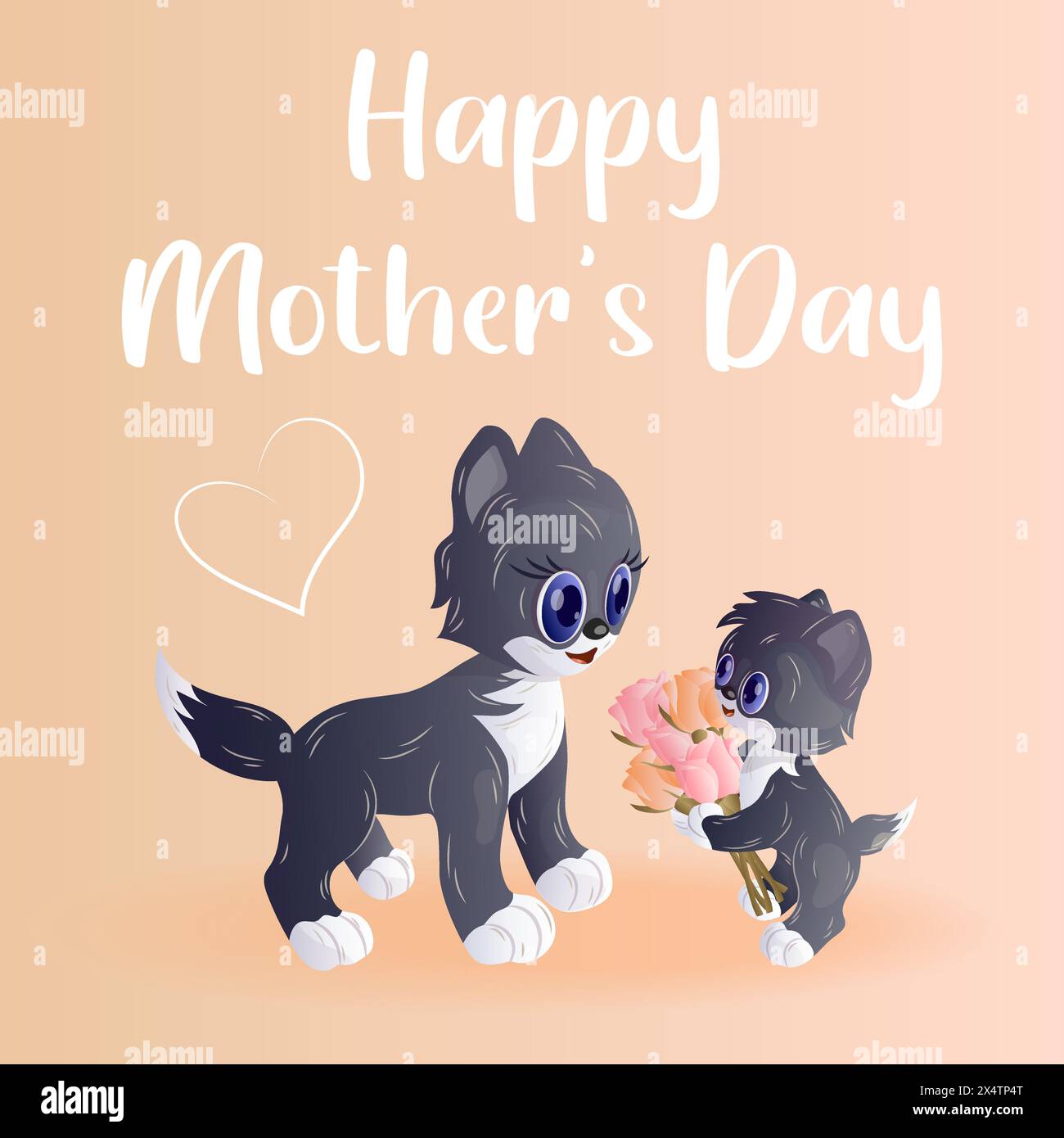 Cute cartoon kitten gives kisses to his mother cat. Postcard. Mother's ...