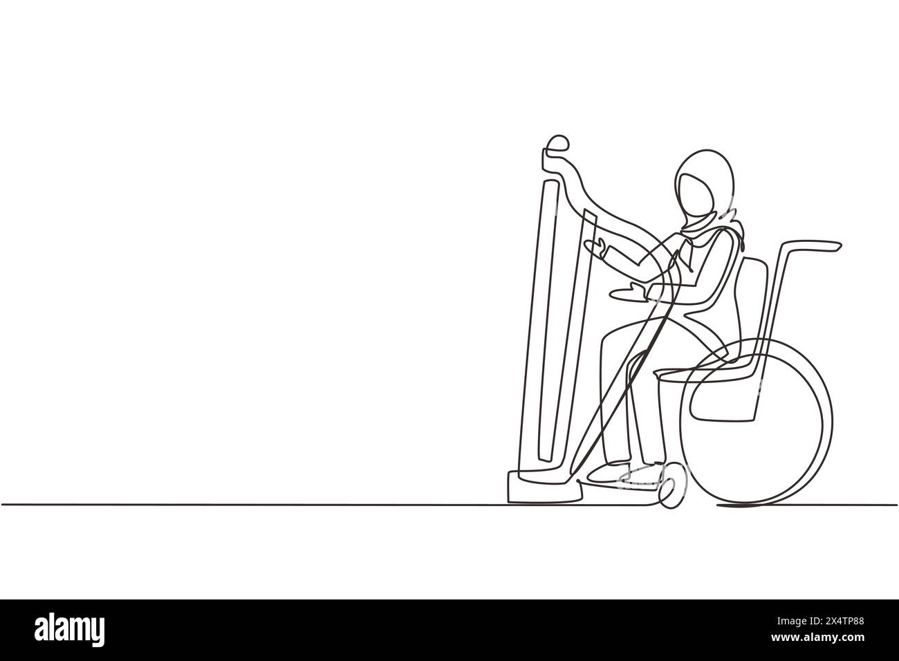 Single continuous line drawing Arab woman sitting in wheelchair plays ...