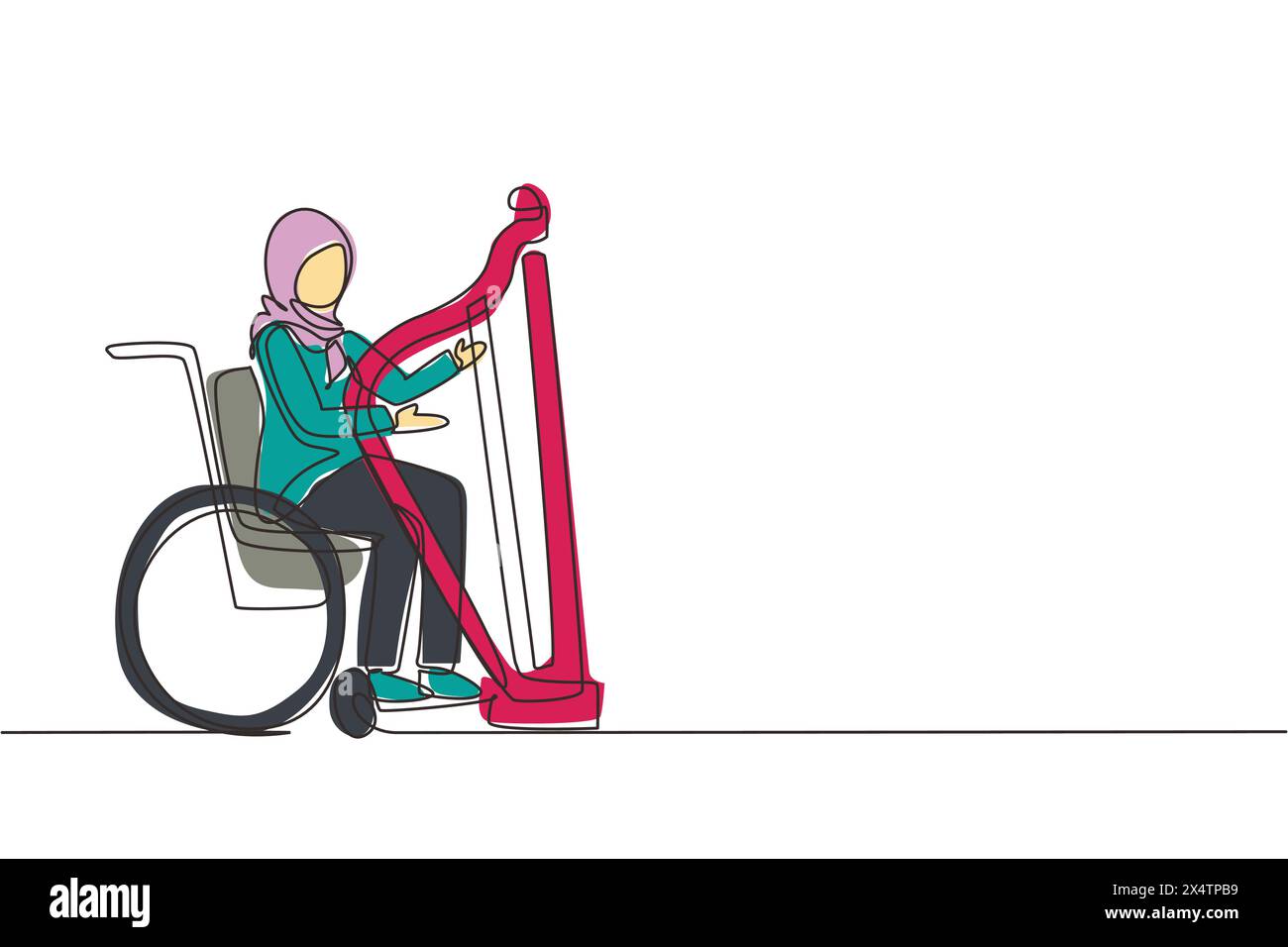 Single continuous line drawing Arab woman sitting in wheelchair plays ...
