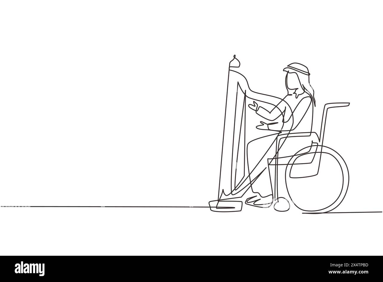 Continuous one line drawing young Arab man sitting in wheelchair plays ...