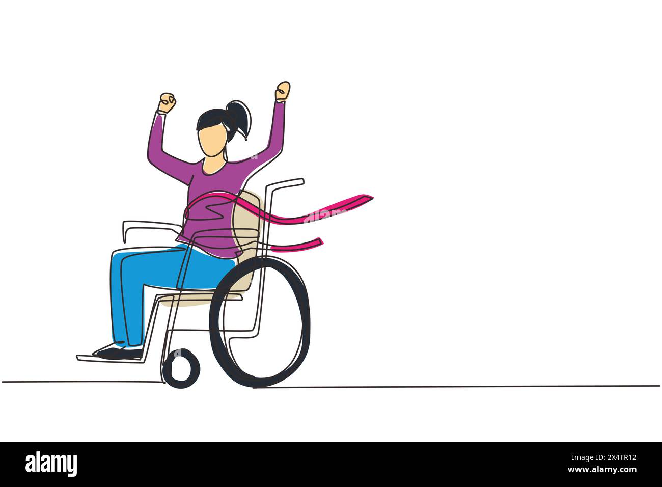 Single one line drawing female young wheelchair user crossing red ...