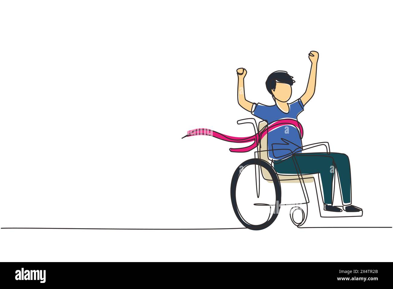 Continuous one line drawing male young wheelchair user crossing red ...
