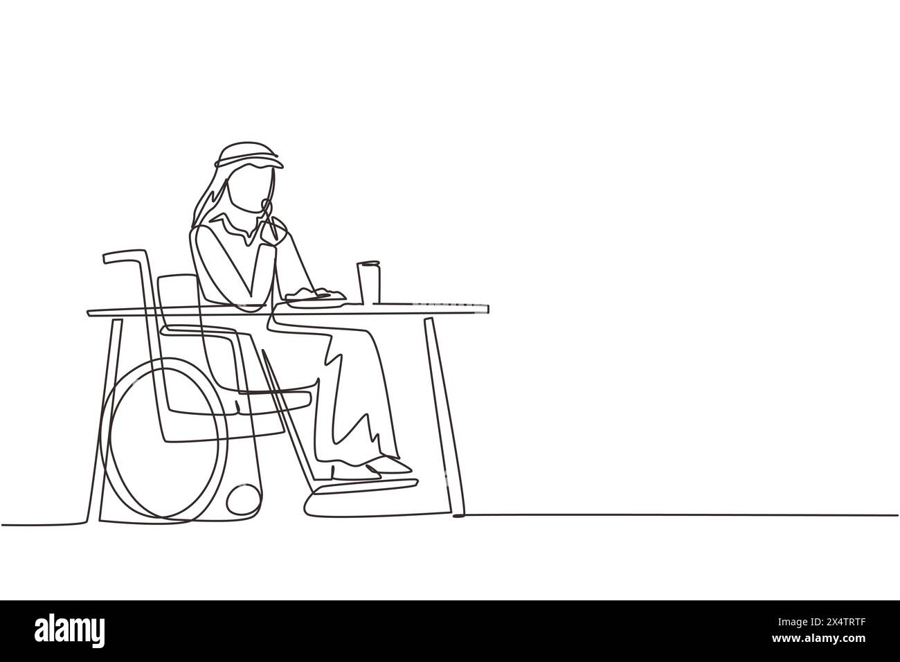 Continuous one line drawing Arabian male young wheelchair user eating ...