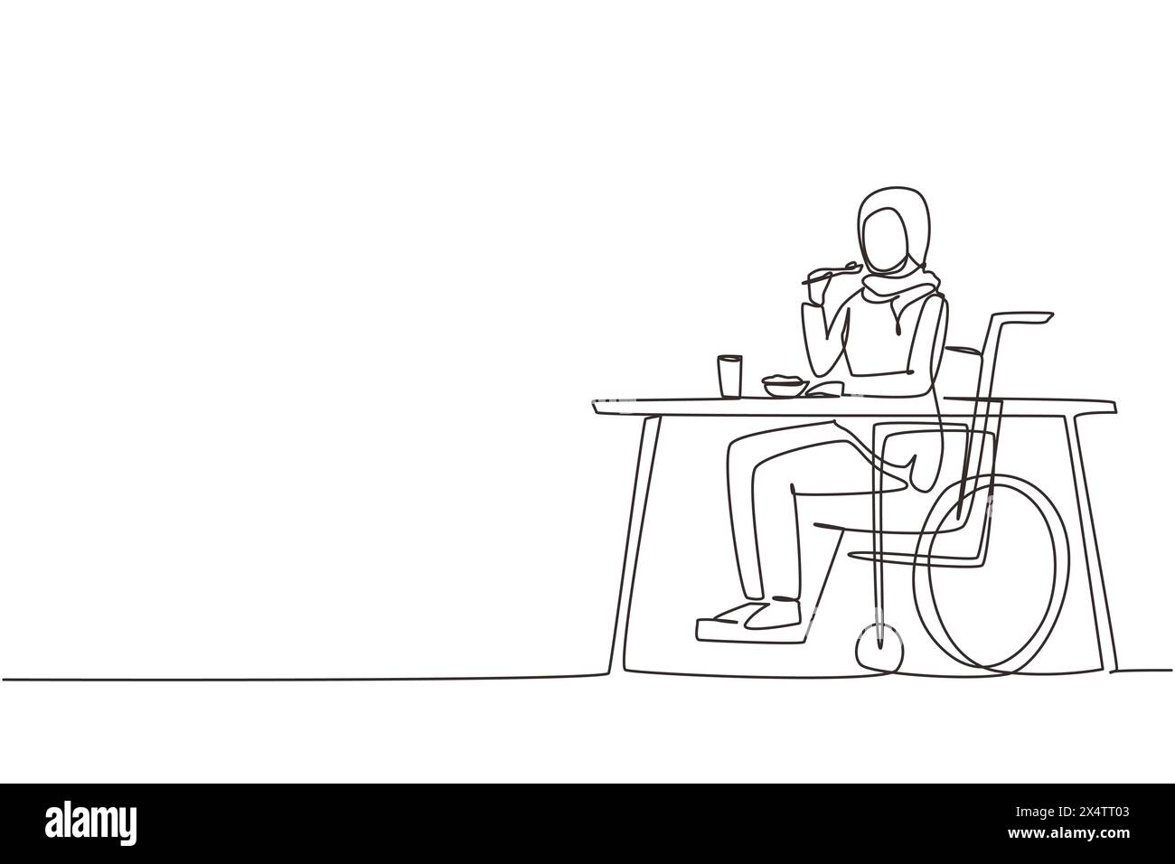 Single continuous line drawing Arabian female young wheelchair user ...