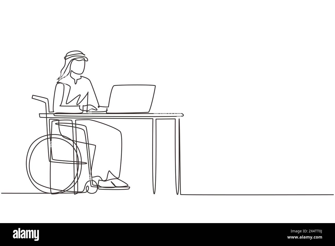 Continuous one line drawing young Arabian man uses wheelchair and ...