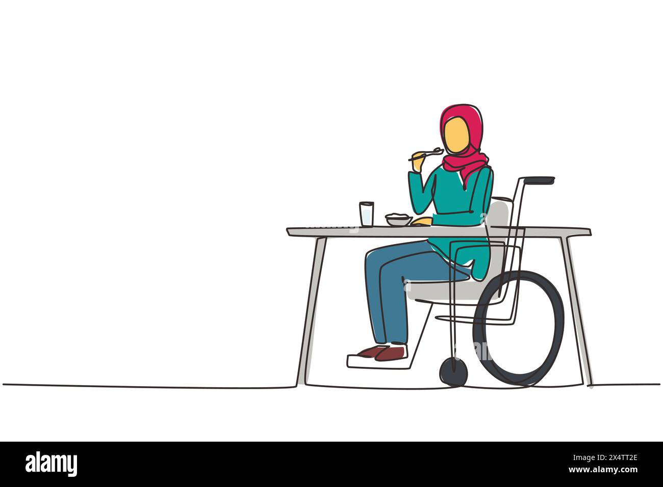 Single continuous line drawing Arabian female young wheelchair user ...