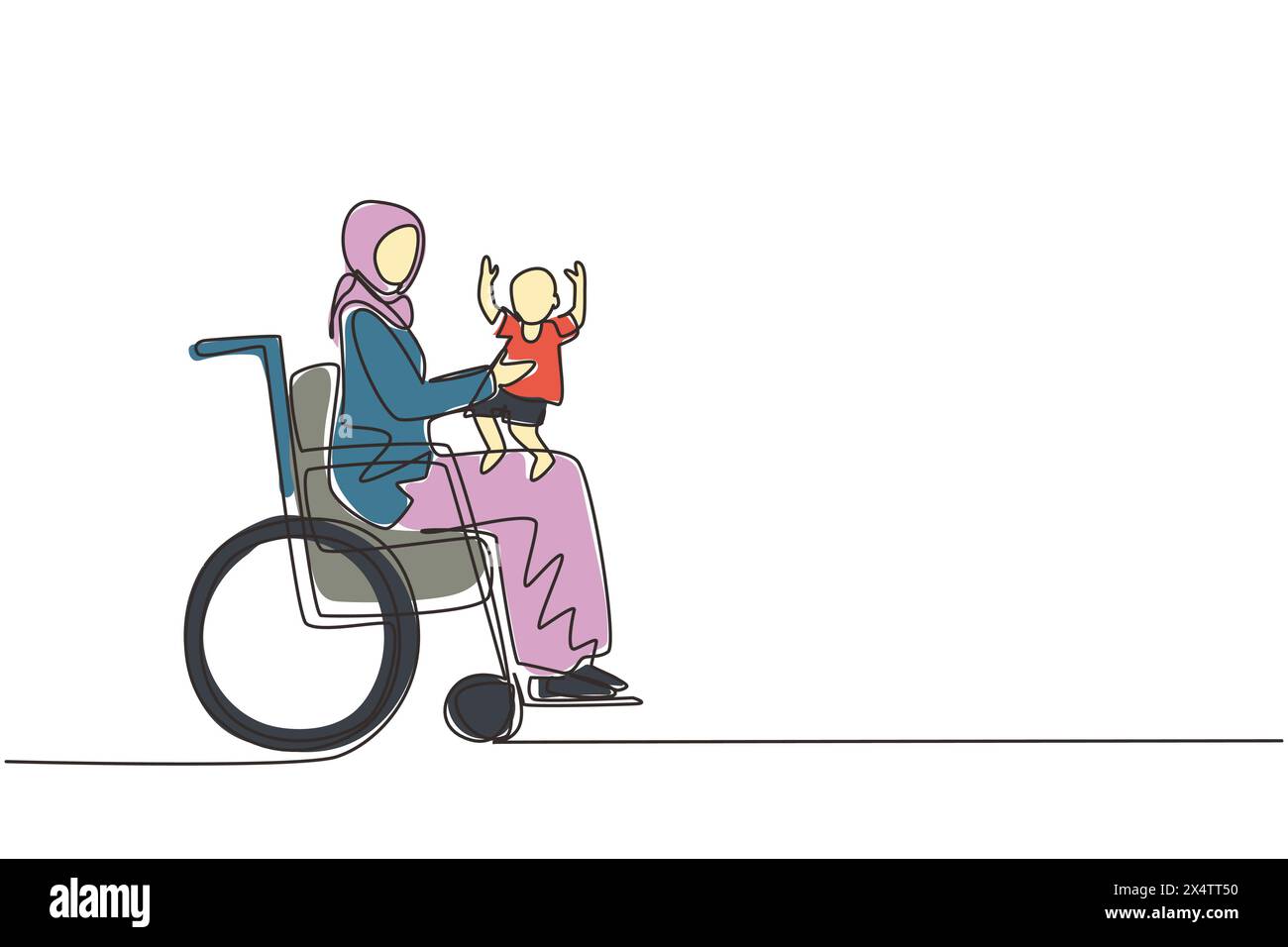 Single one line drawing happy disabled mother with her child ... Single one line drawing happy disabled mother with her child ...