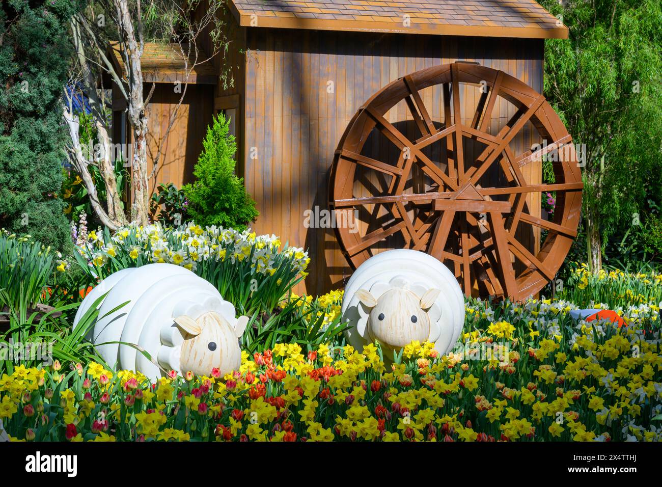 Wooden sheep on display at Tulipmania 2024 @ The Flower Dome, Gardens ...