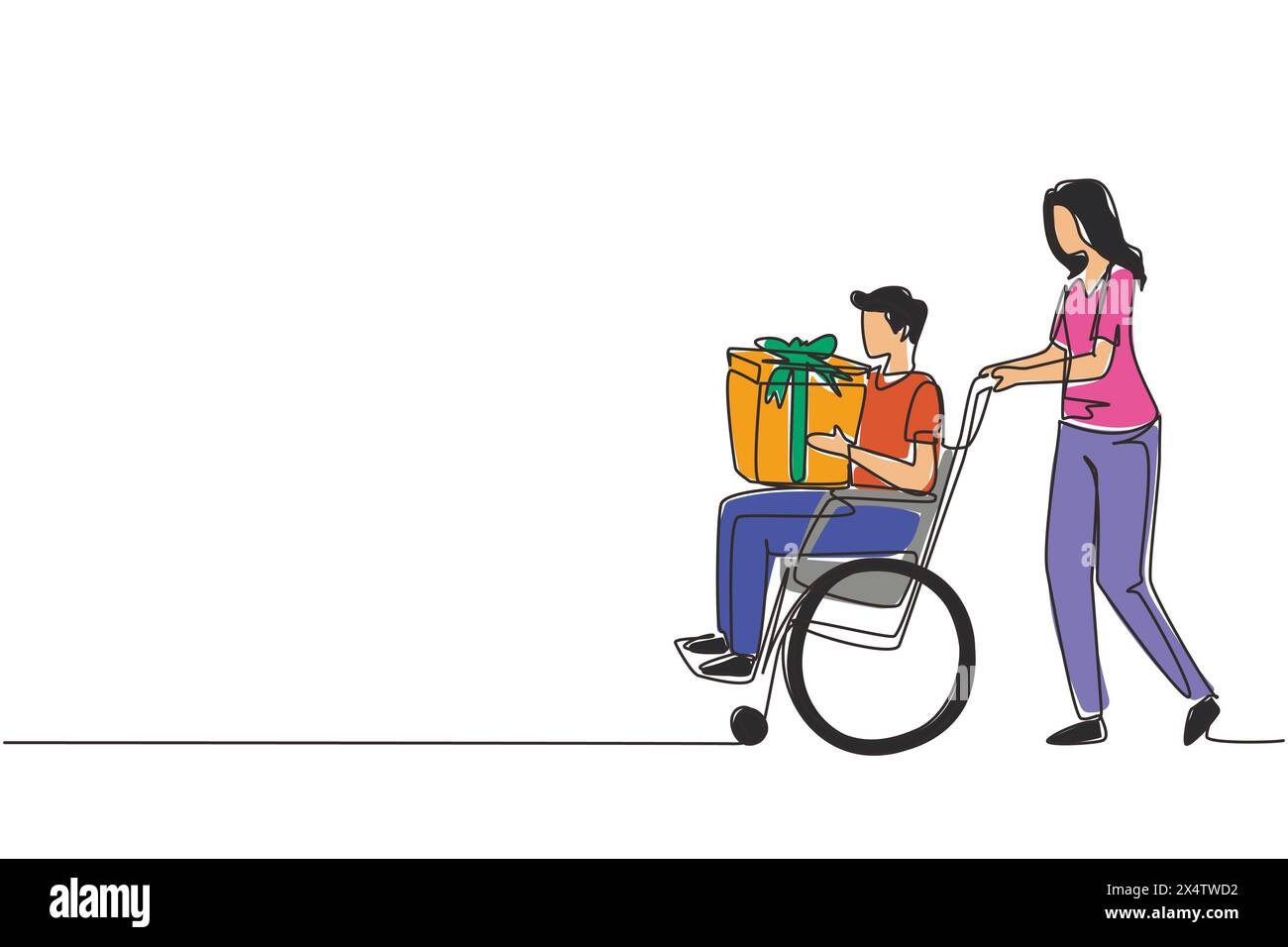 Continuous one line drawing young female and disabled male in ...