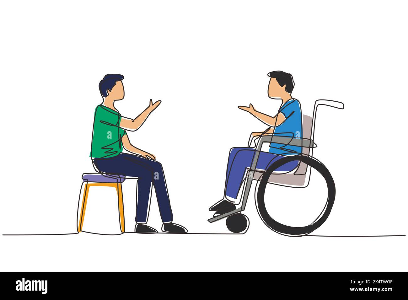 Single continuous line drawing two people sitting chatting, one using ...