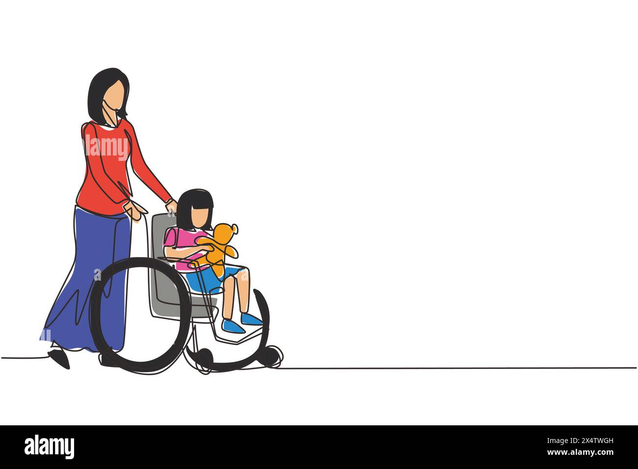 Continuous one line drawing mother with disabled daughter in wheelchair ...
