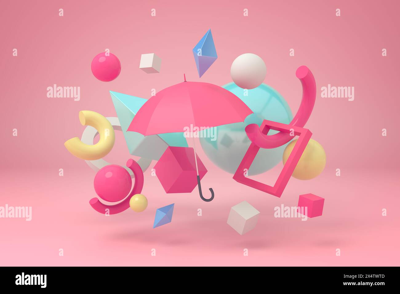 Floating objects with umbrella and globe Stock Photo - Alamy