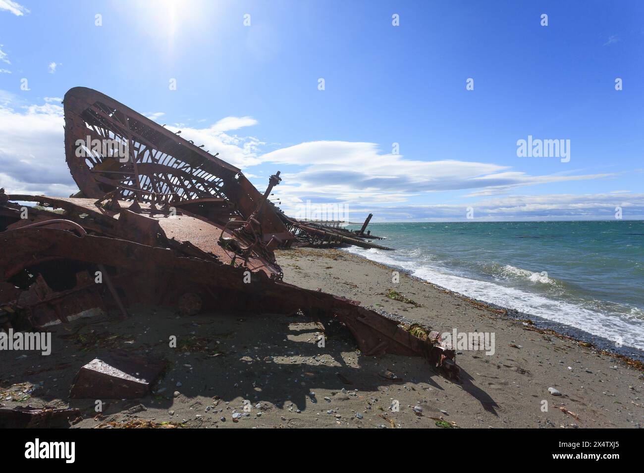 Wreckages on San Gregorio beach, Chile historic site. Beached ships ...