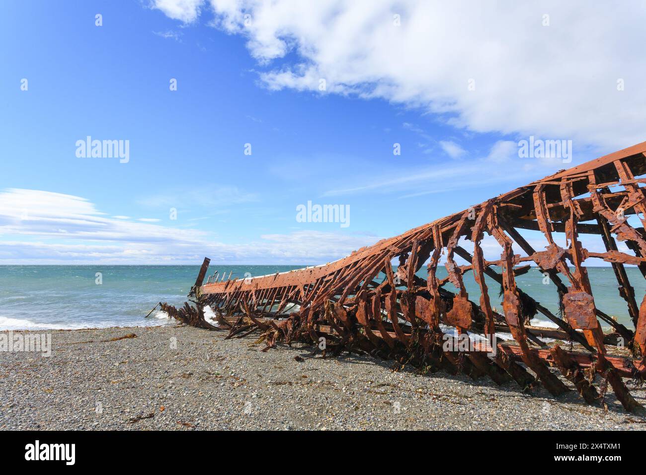 Wreckages on San Gregorio beach, Chile historic site. Beached ships ...