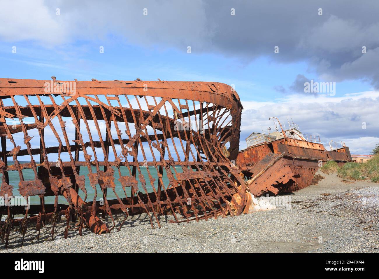 Wreckages on San Gregorio beach, Chile historic site. Beached ships ...
