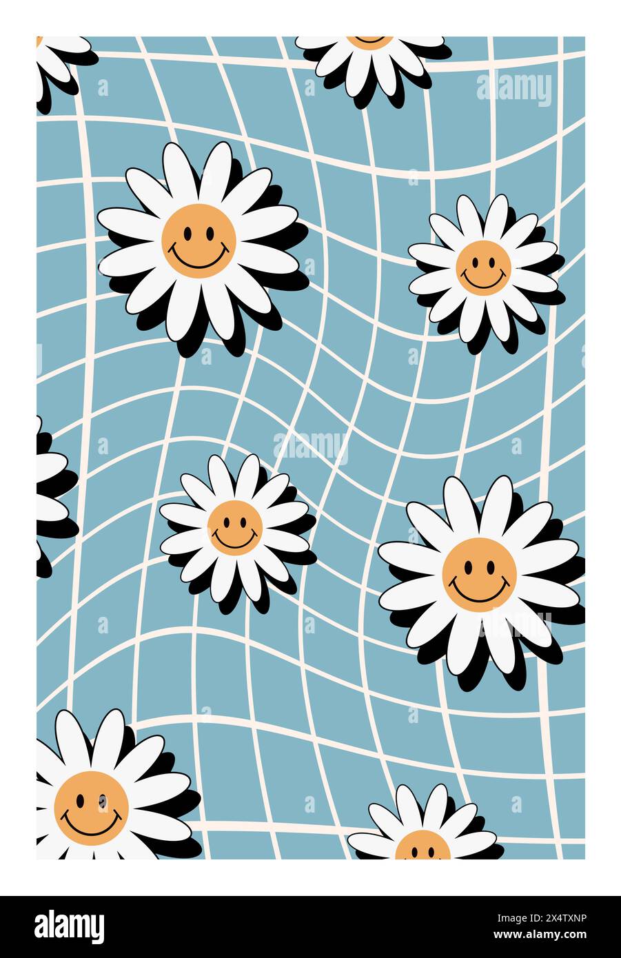 Psychedelic Checkerboard. Waves groovy background with funky flowers ...