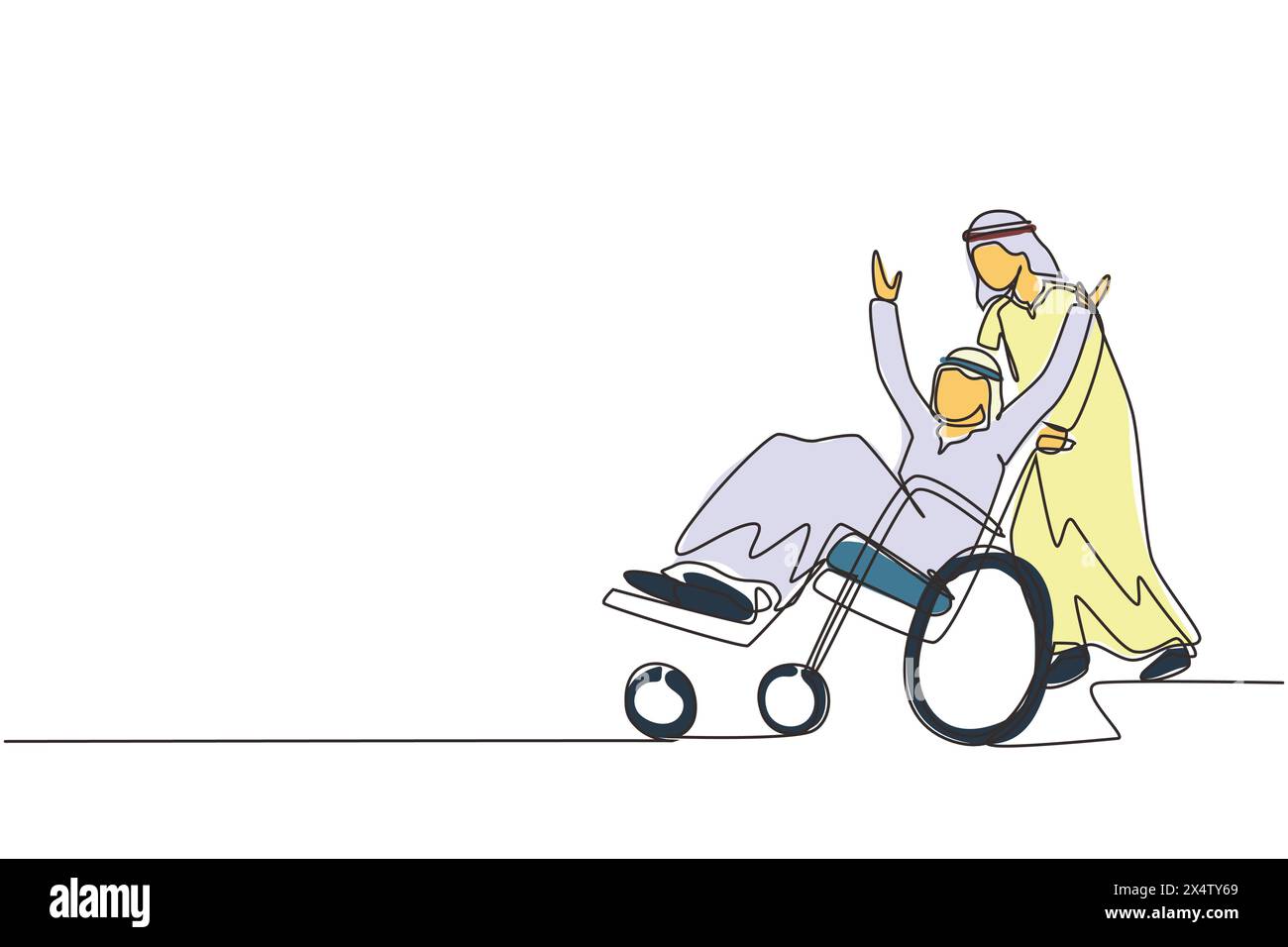 Single continuous line drawing young Arabian male volunteer helps ...