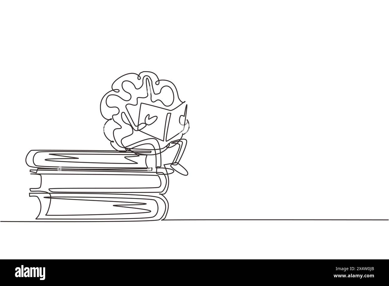 Continuous one line drawing cartoon brain reading book. Funny brain ...