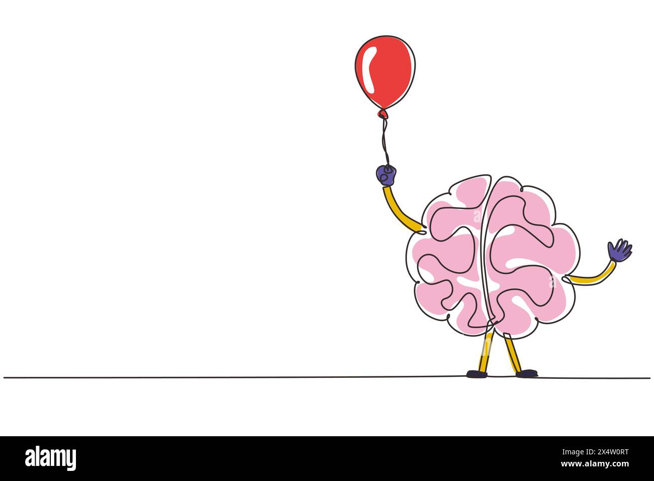Continuous one line drawing funny brain holding balloon. Celebration ...