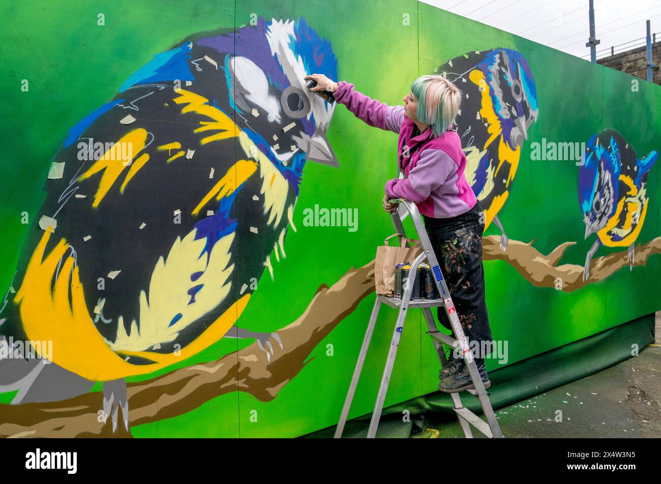 Artist and illustrator Sprite, from Brighton, works on her mural at the ...