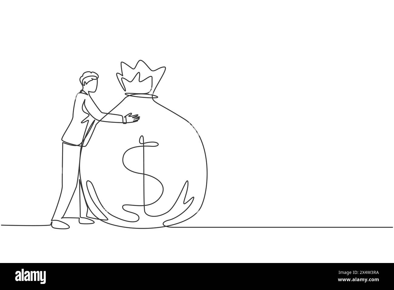 Continuous one line drawing businessman hugging big money bag ...