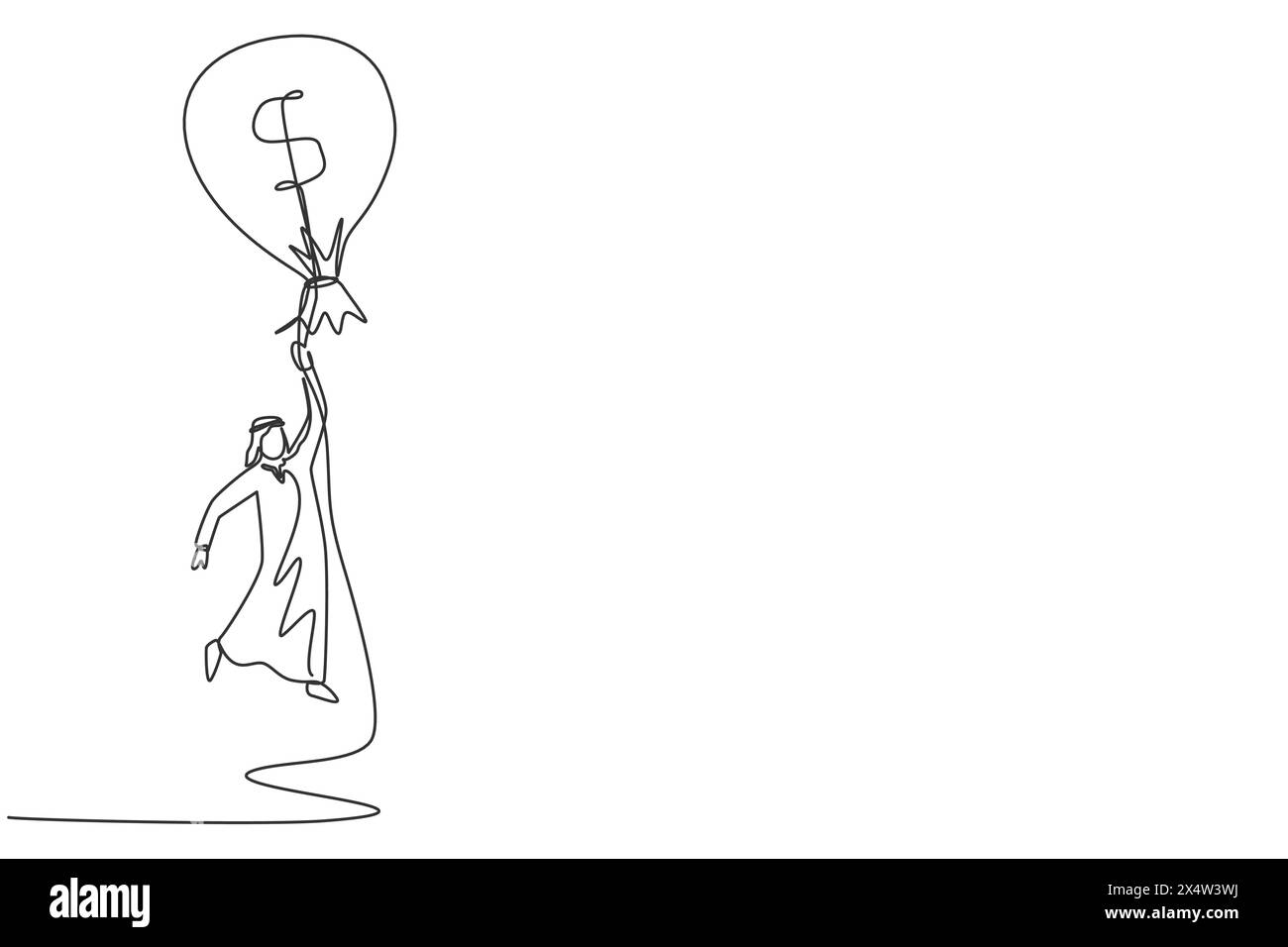 Single continuous line drawing Arab businessman flying with money bag ...