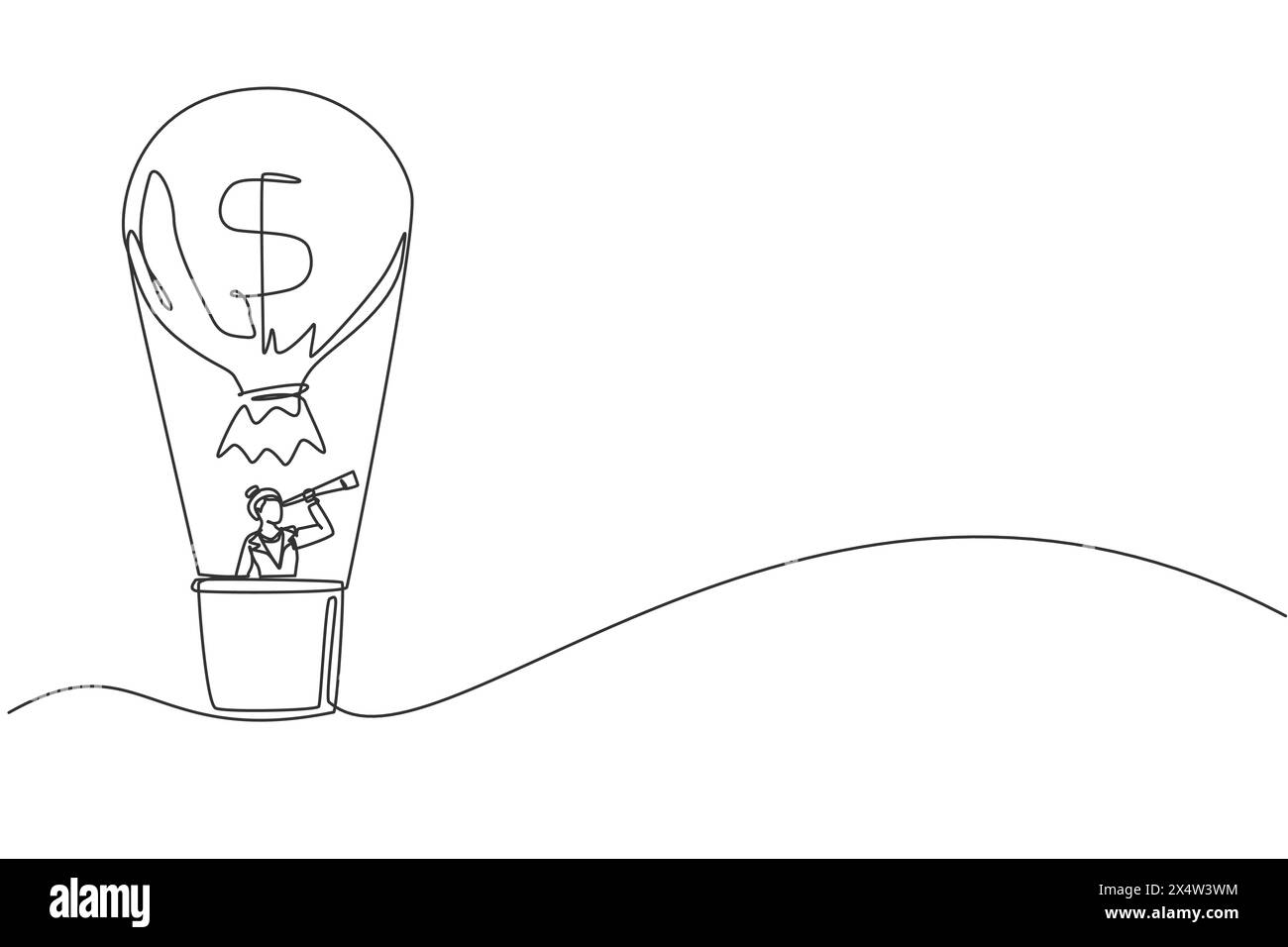 Single continuous line drawing businesswoman in hot air balloon looking ...