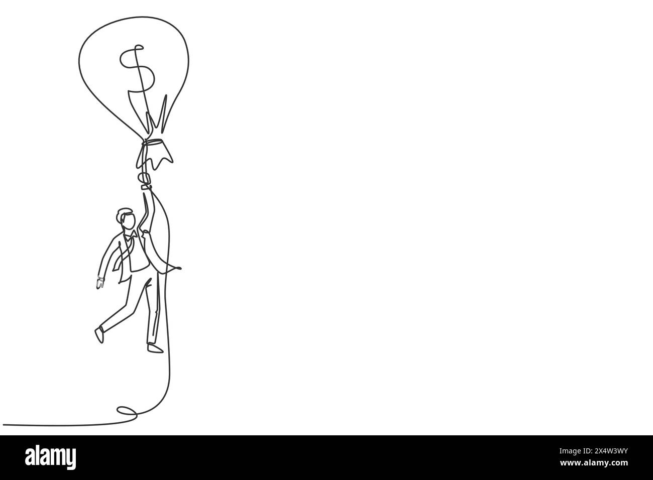 Single continuous line drawing businessman flying with money bag dollar ...