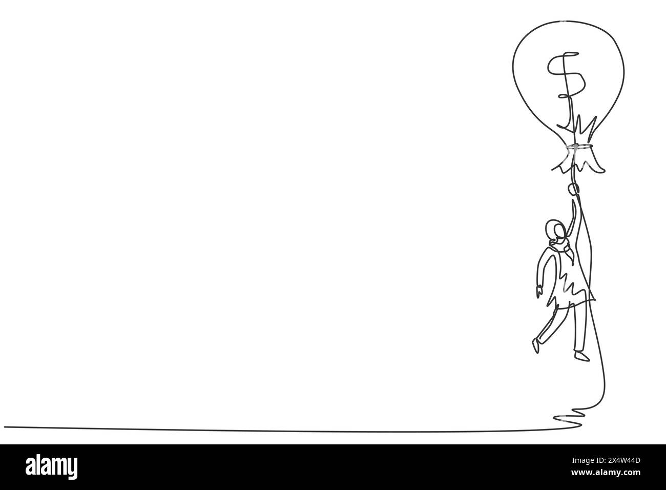 Single one line drawing Arabian businesswoman flying with money bag ...