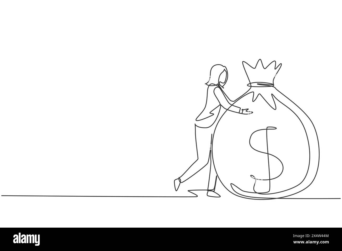 Single one line drawing businesswoman hugging big money bag. Financial ...