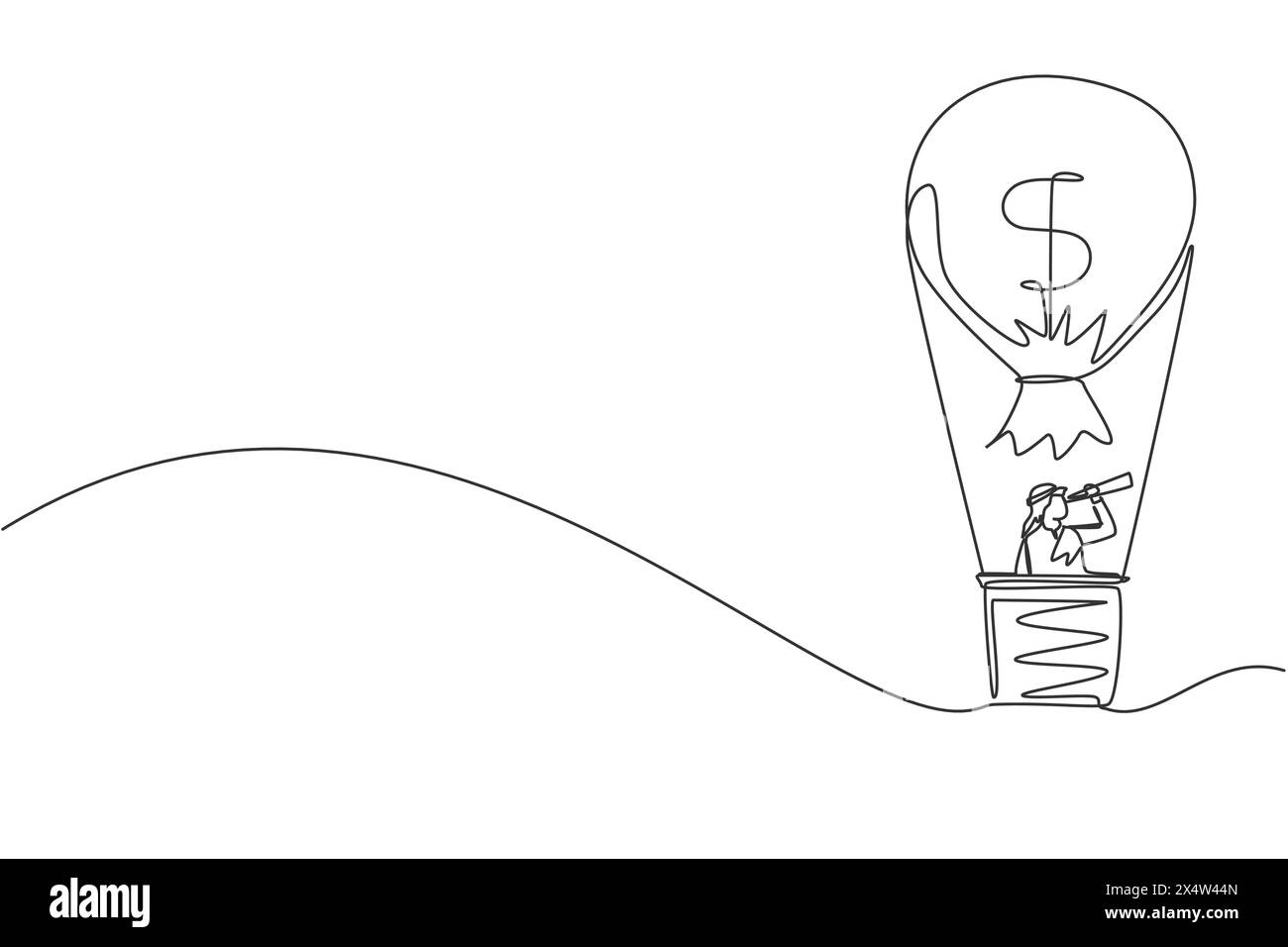 Single continuous line drawing Arab businessman in hot air balloon ...