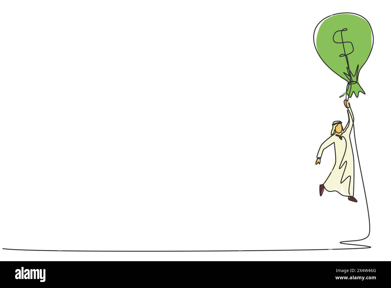 Single continuous line drawing Arab businessman flying with money bag ...