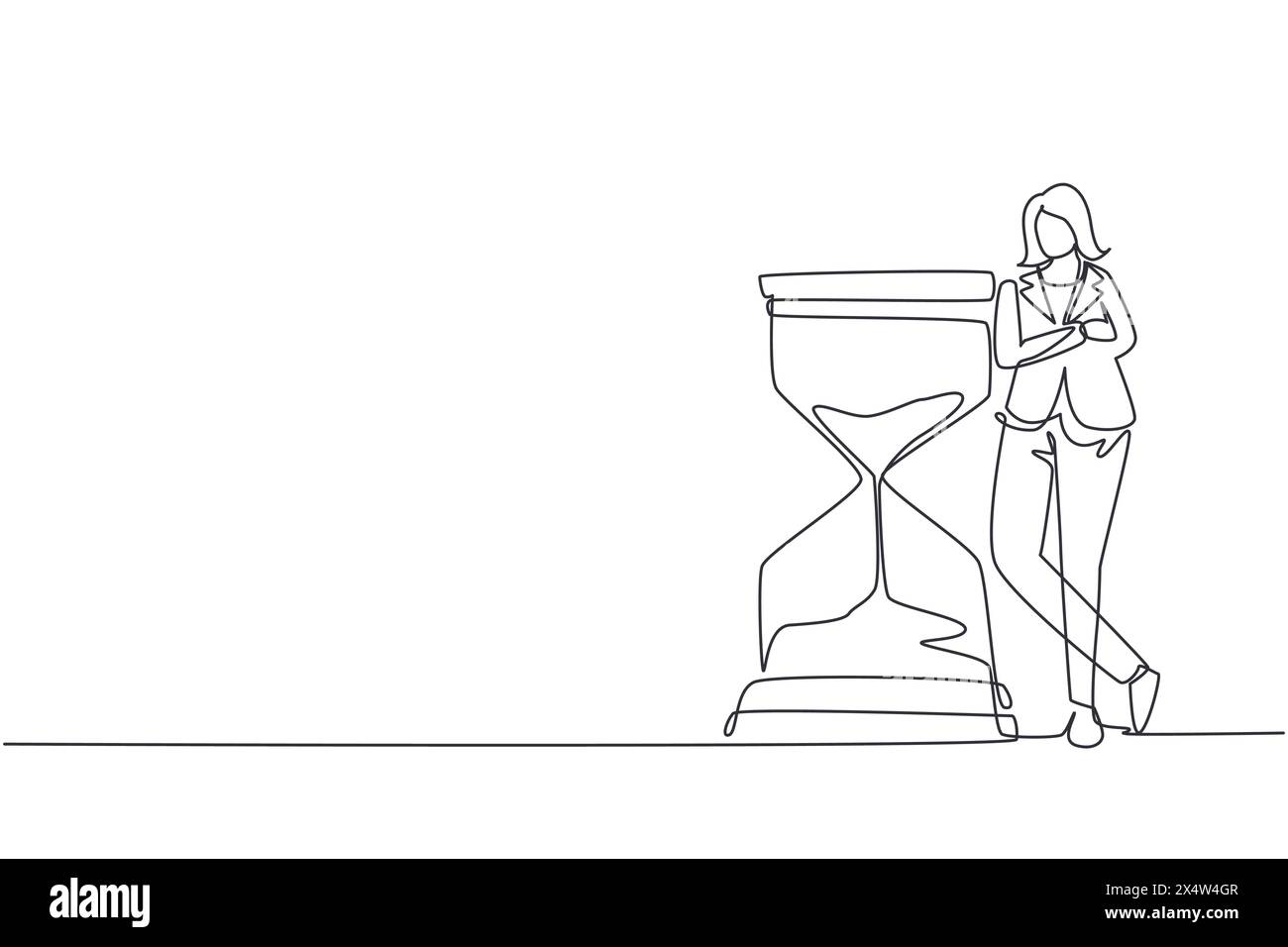 Single continuous line drawing businesswoman lean on huge giant ...