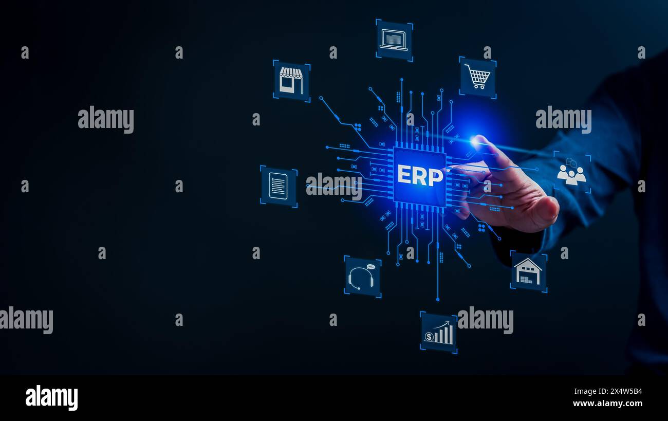 A person is drawing a blue ERP logo with a hand. The logo is surrounded ...