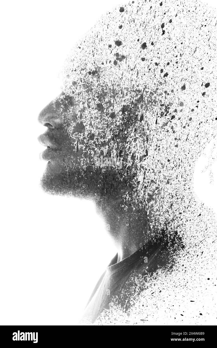 A paintography double exposure portrait of half of a man's profile ...