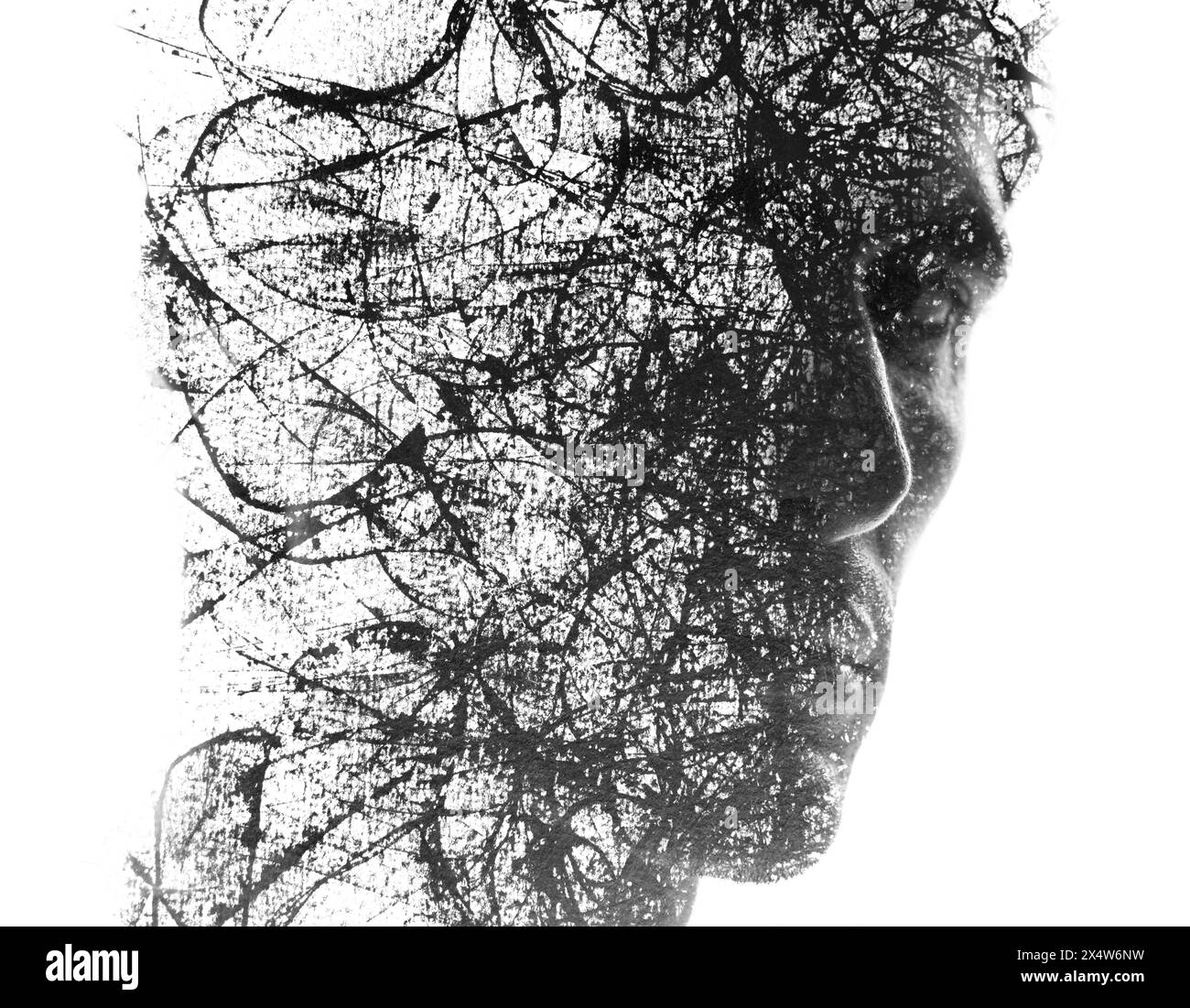 A black and white artistic half profile paintography portrait Stock ...