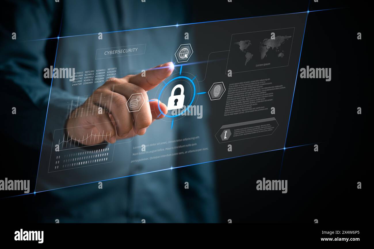 Hand Touch Virtual Screen With An Interactive Cybersecurity Interface Featuring A Padlock Symbol