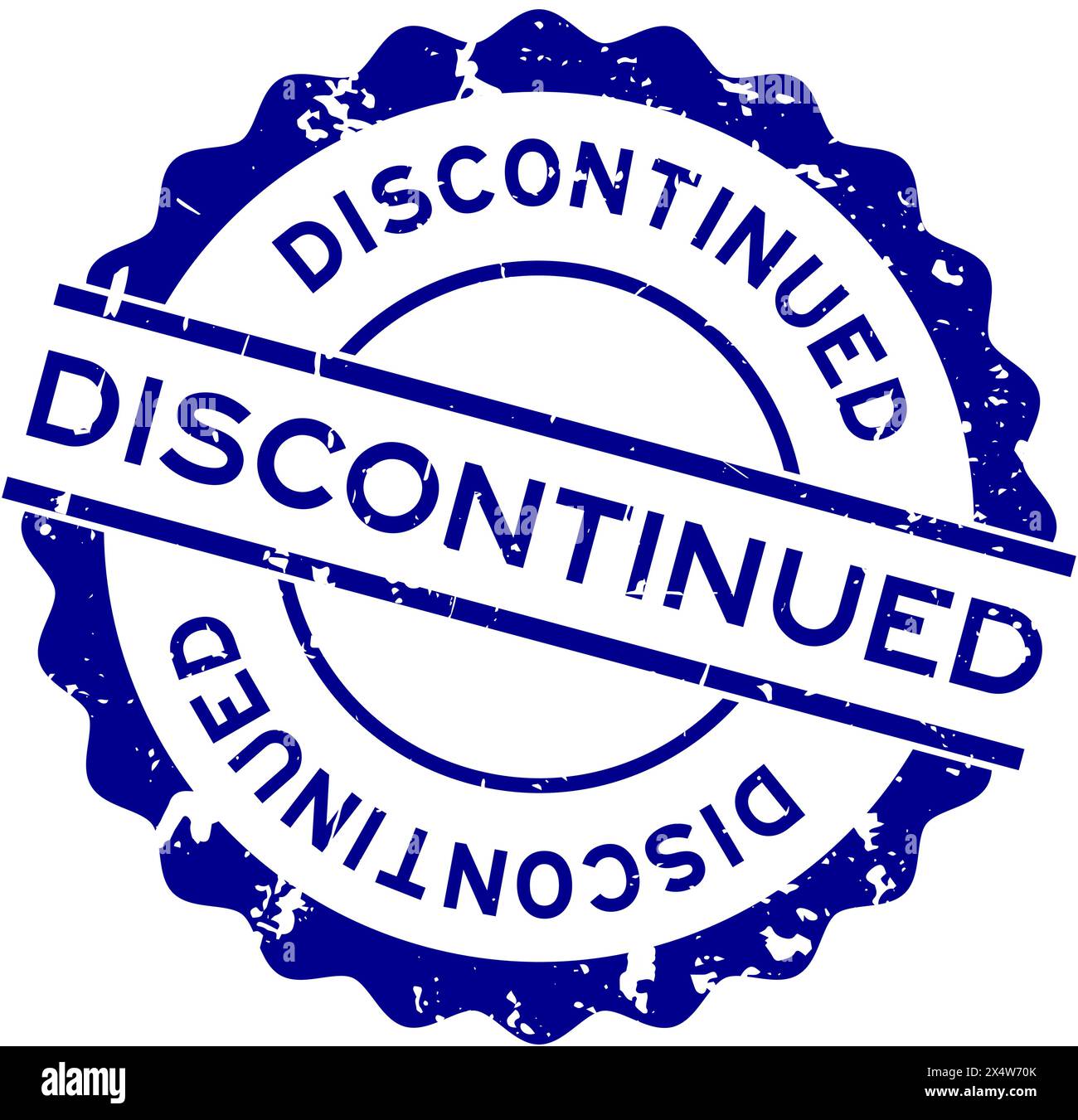 Grunge blue discontinued word round rubber seal stamp on white ...
