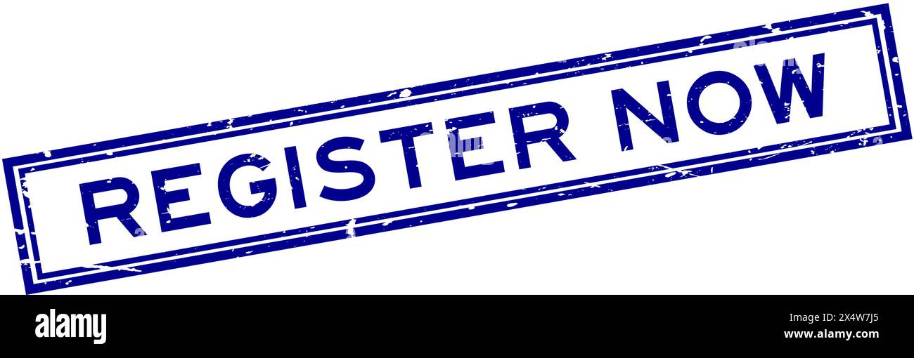 Grunge blue register now word square rubber seal stamp on white ...