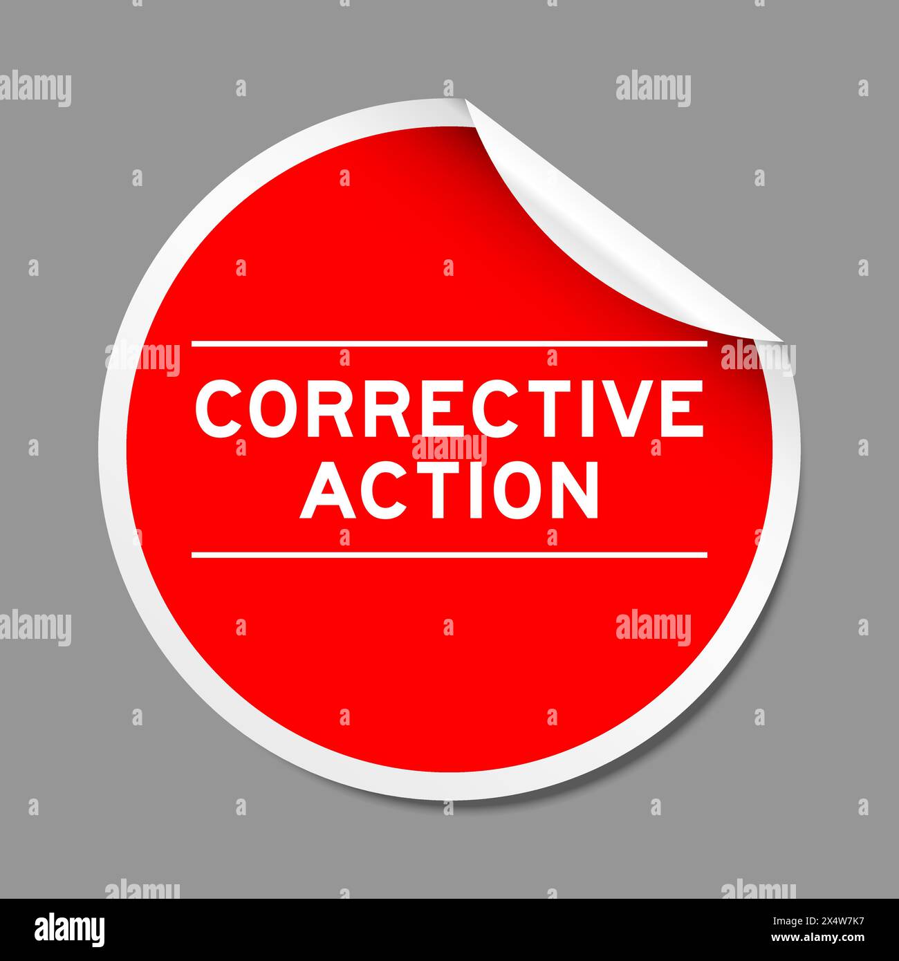 Red color peel sticker label with word corrective action on gray ...